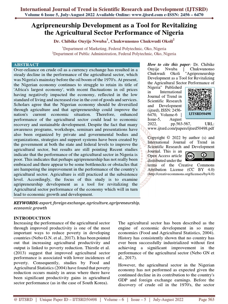 Agripreneurship Development As A Tool For Revitalizing The Agricultural ...