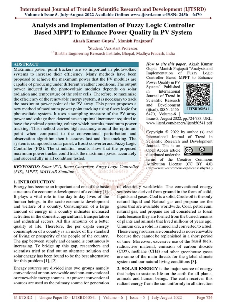 Analysis And Implementation Of Fuzzy Logic Controller Based Mppt To Enhance Power Quality In Pv