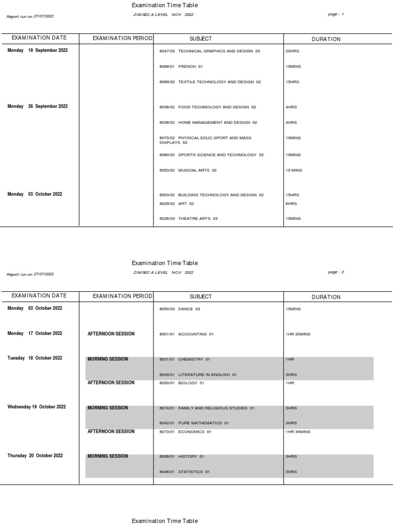 ZIMSEC A Level Exam Timetable Nov 2022 | PDF | Science