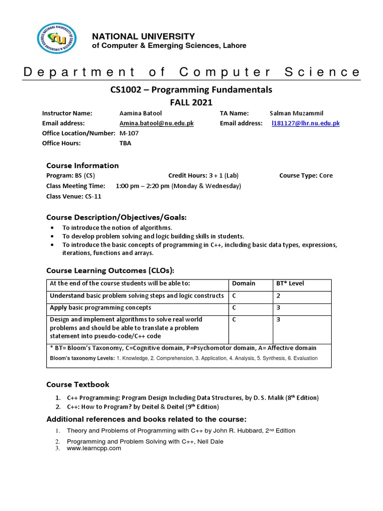 COURSE OUTLINE PF 2021 | PDF | Programming | Computer Program