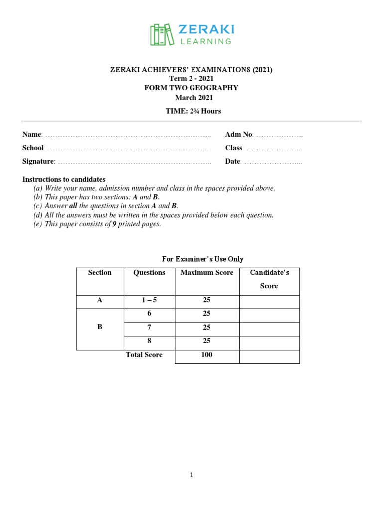 Form 2 Geography Term 2 Exam 2021 | PDF | Earth Sciences | Nature