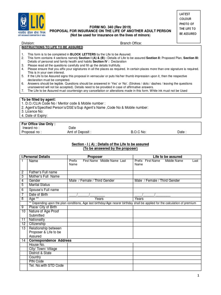 LIC Proposal Form - 340 - Revised - 01 02 2020 | PDF | Insurance | Life ...