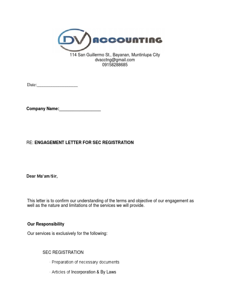 Engagementletter-SEC REGISTRATION - DV | PDF | Internal Control | Economies