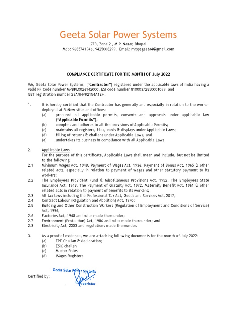 Contractor Compliance Certificate July 2022 | PDF