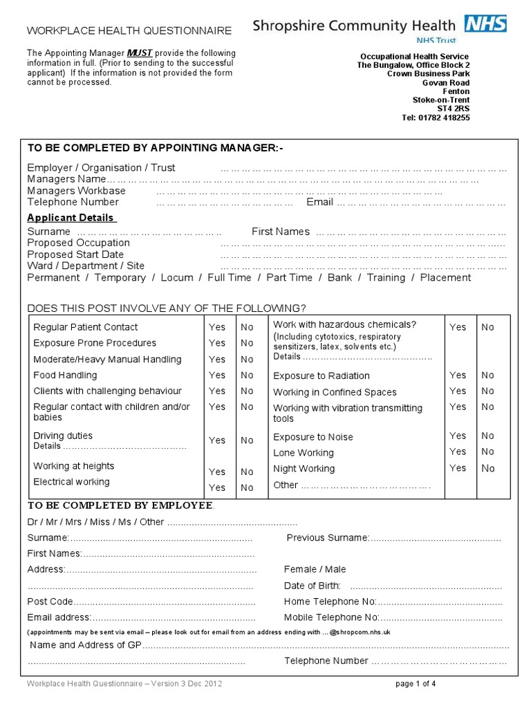 Workplace Health Questionnaire (New Starter) | PDF | Hepatitis | Infection