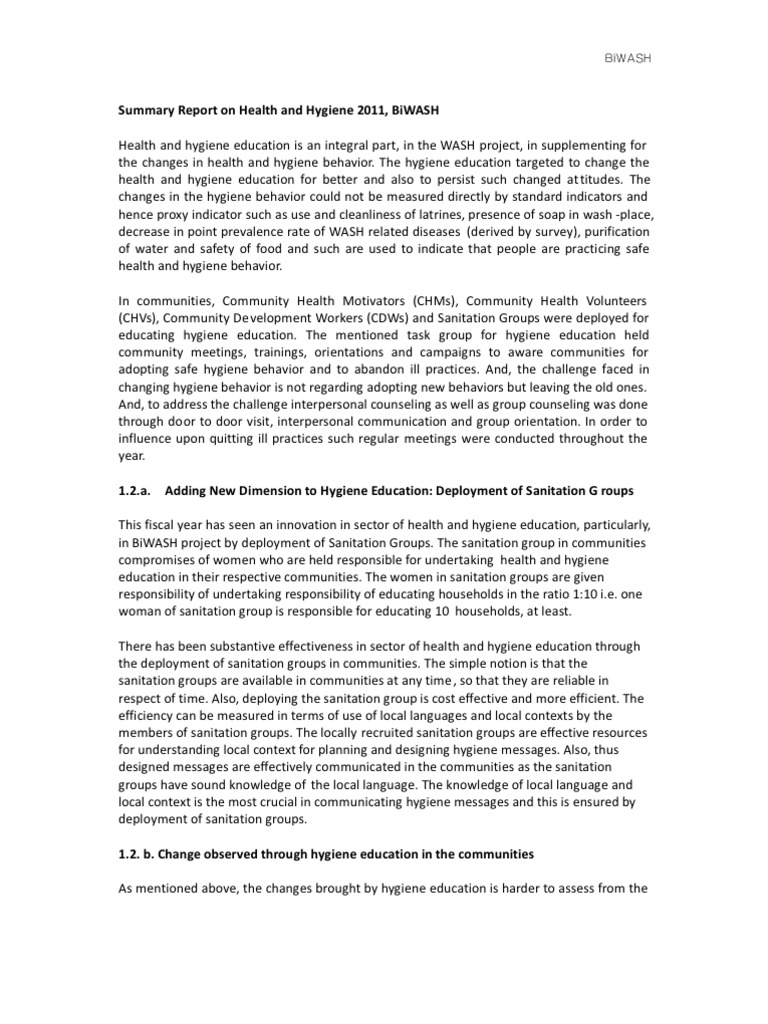 Summary Report On Health and Hygiene | PDF | Hand Washing | Hygiene
