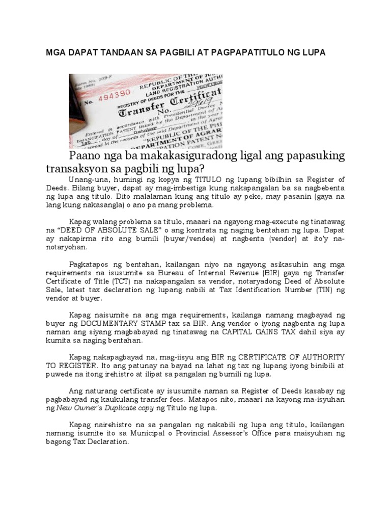 Mga Dapat Tandaan Sa Pagbili at Pagpapatitulo NG Lupa | PDF Mga Dapat Tandaan Sa Pagbili at Pagpapatitulo NG Lupa | PDF