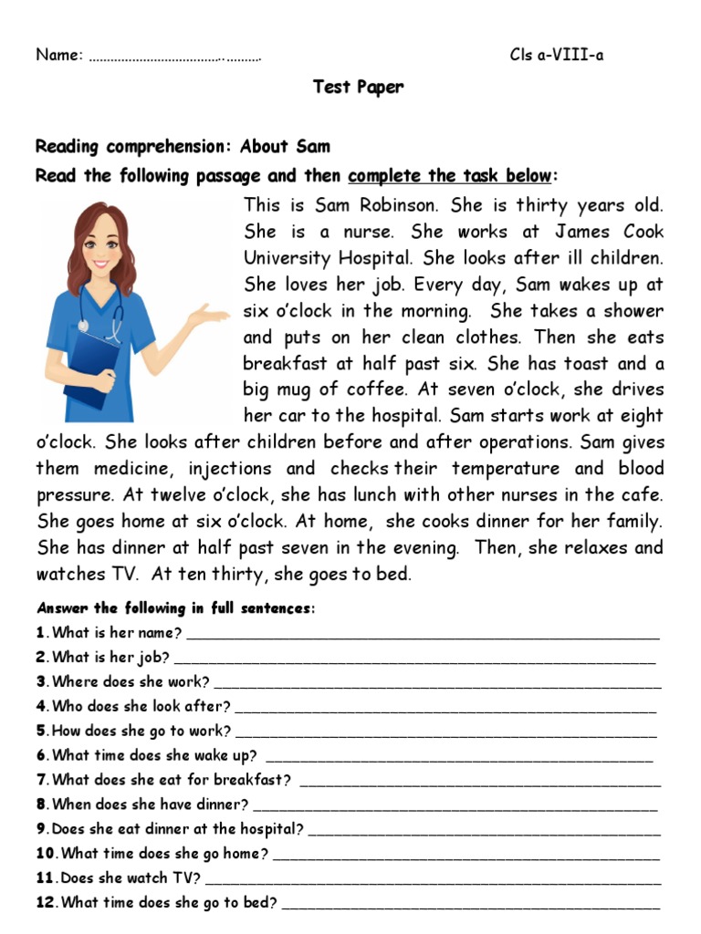Reading Comprehension All About Sam Reading Comprehension Exercises ...
