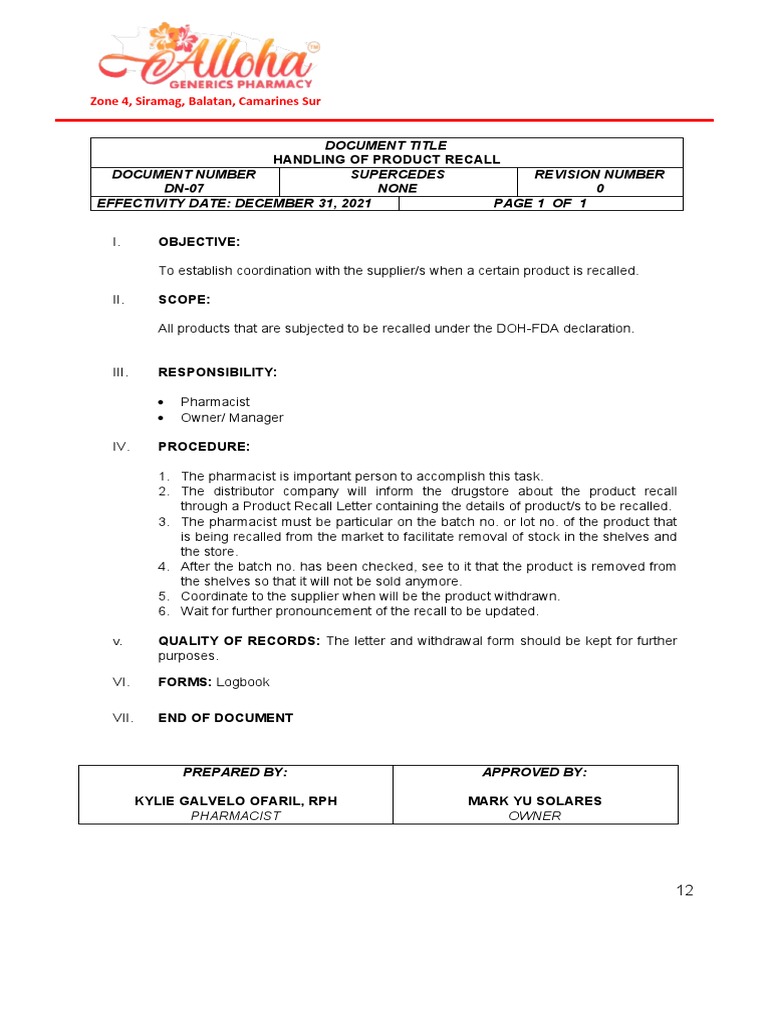 Product Recall Procedure Guidelines | PDF