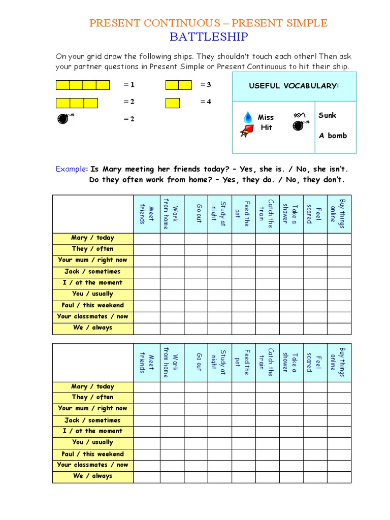 The Battleship Present Simple Present Continuous Boardgames Fun ...