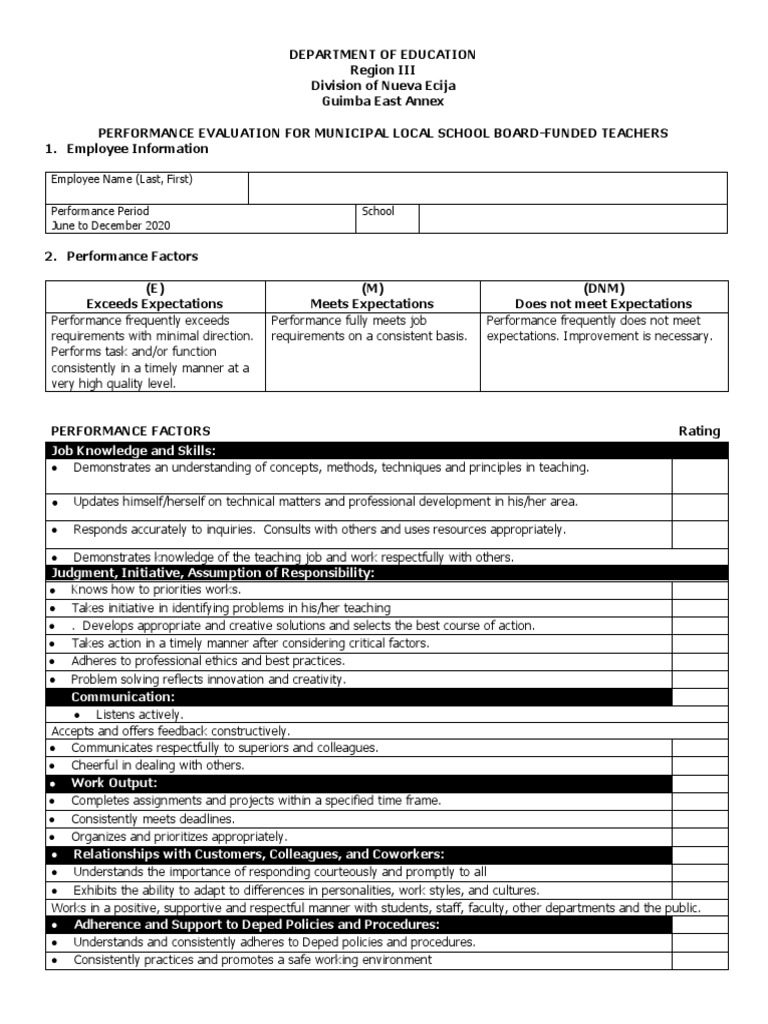 MLSB Teacher Performance Evaluation Guide | PDF | Teaching Method ...