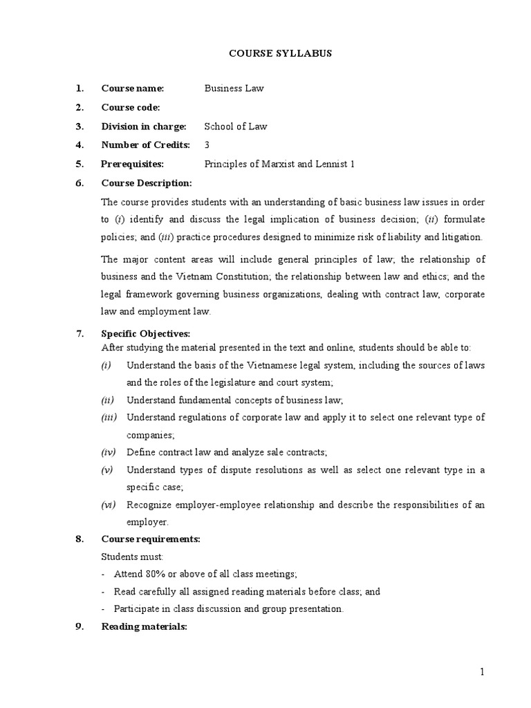 Business Law Course Syllabus | PDF | Legal Liability | Employment