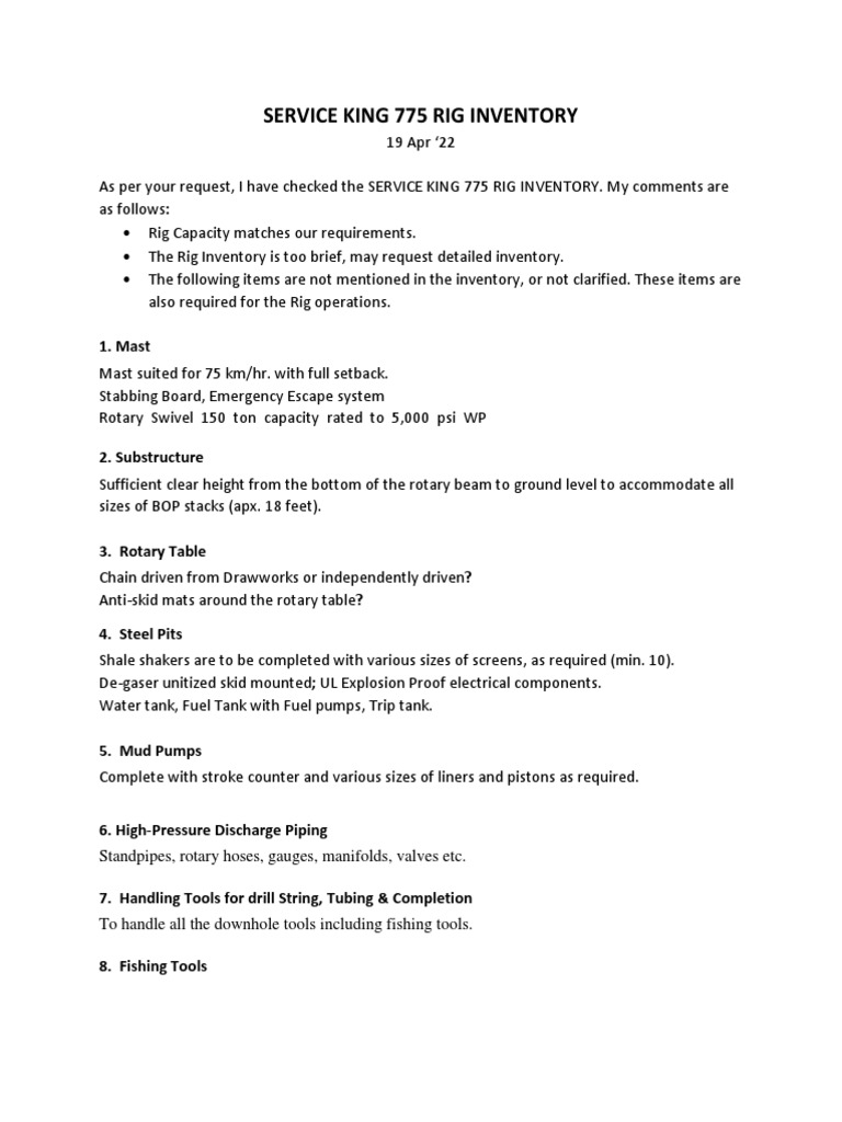 SERVICE KING 775 Rig Inventory Review | PDF | Manufactured Goods ...
