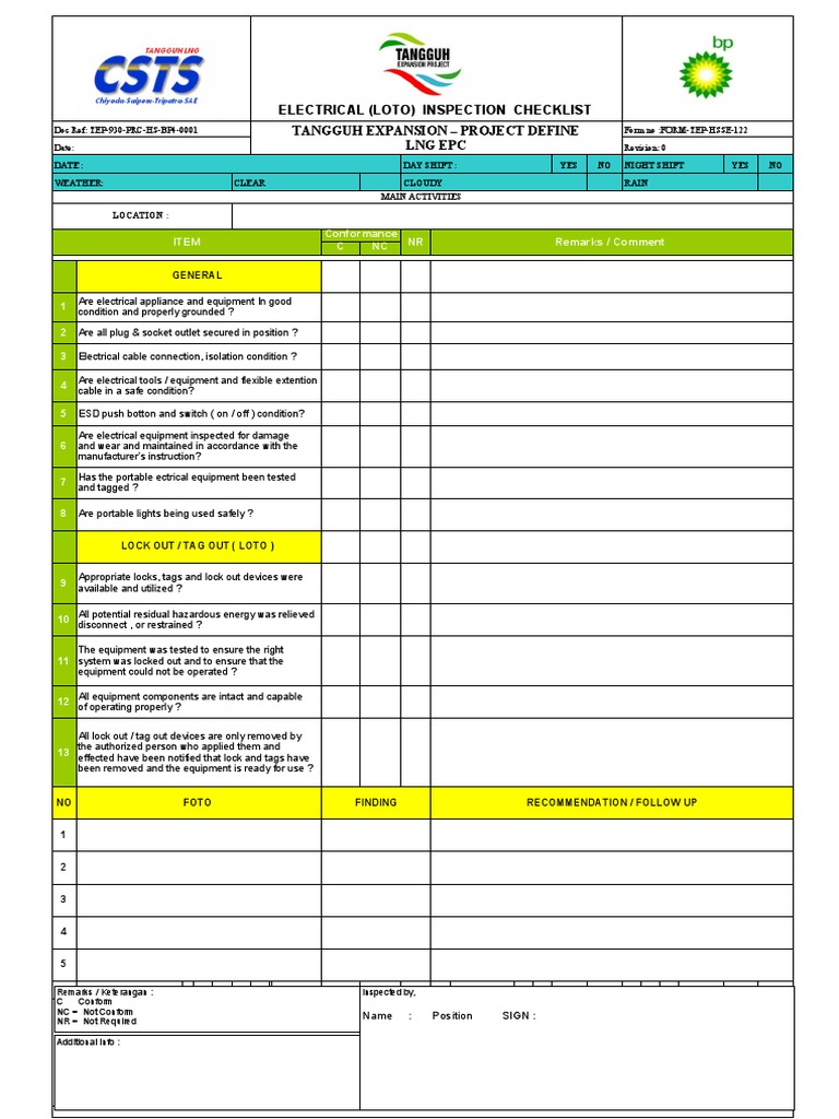7.electrical LOTO Check List Inspection | Download Free PDF | Electric Power | Equipment
