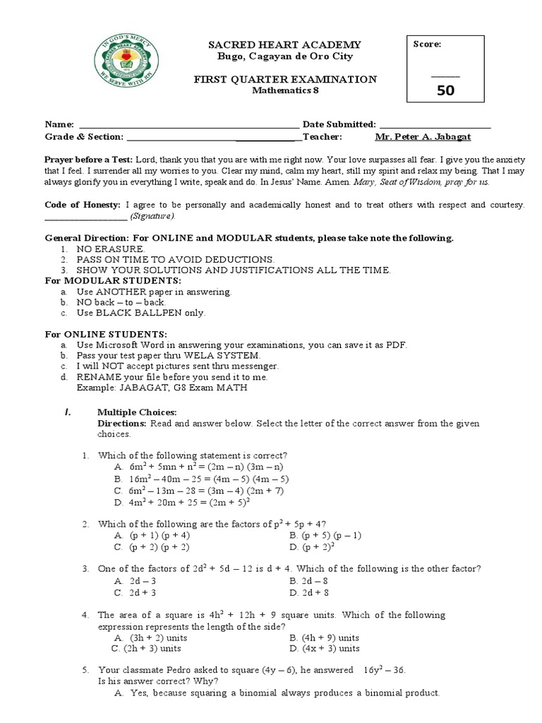 Math 8 First Quarter Exam Guide | PDF | Test (Assessment)
