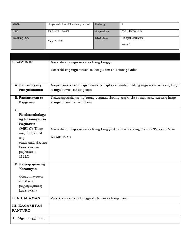 Lesson Plan-MATHEMATICS-1-Q4-WEEK-1-COT2 | PDF