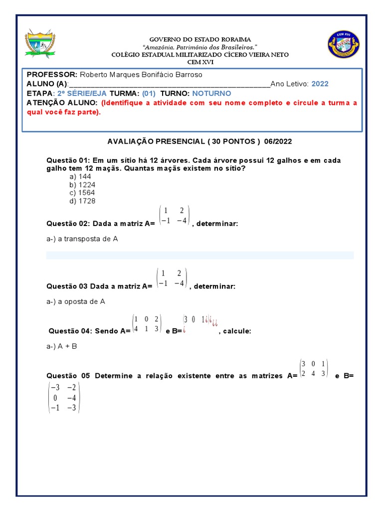 Provas Do Segundo Ano | PDF | Matriz (Matemática) | Matemática