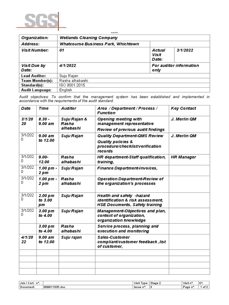 Audit Plan - Stage 2 | PDF | Audit | Iso 9000