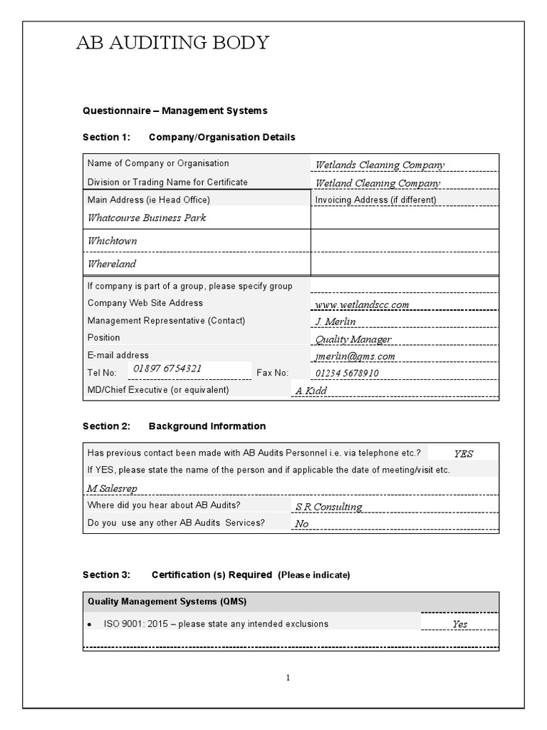 WETLANDS CLEANING COMPANY Audit Questionnaire | PDF | Audit | Quality Management System