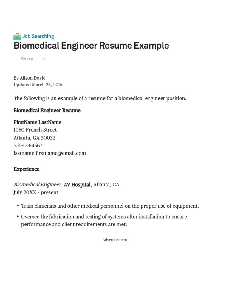 Biomedical Engineer Resume Example | Download Free PDF | Biomedical ...
