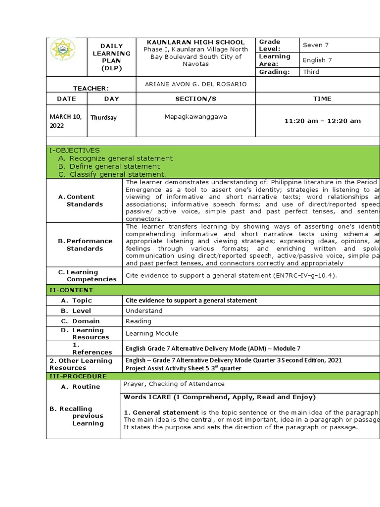 General Statements in English 7 Lesson | PDF | Learning | English Language