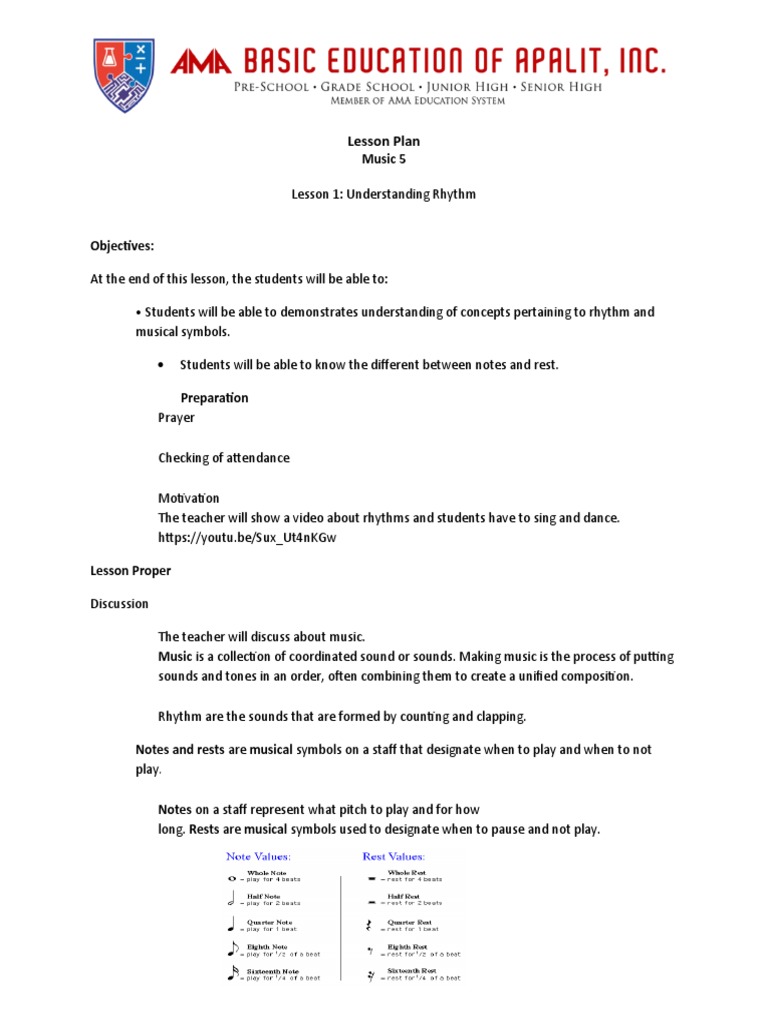 Music 5: Rhythm and Notes Lesson 1 | PDF | Rhythm | Lesson Plan