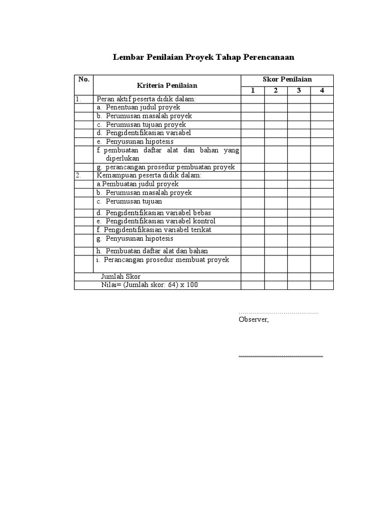 Lembar Penilaian Proyek Tahap Perencanaan | PDF