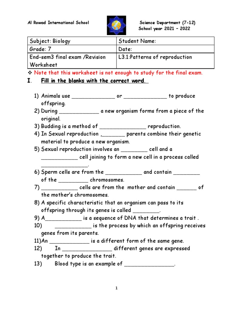 Revision+worksheet+gr7+.sem3 Biology | PDF | Reproduction | Genetics