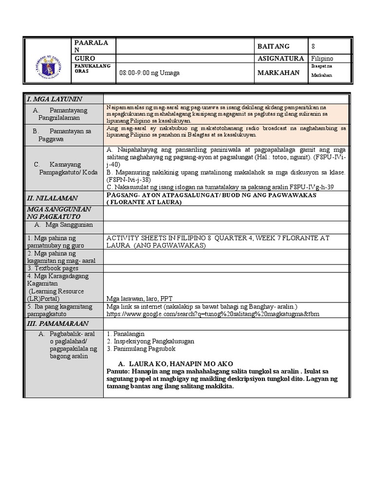 DLL Filipino 8 Week 7 | PDF