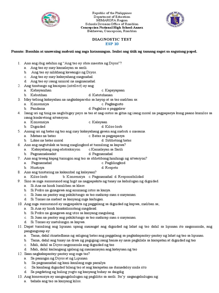 Diagnostic Test Sa ESP 10 | PDF