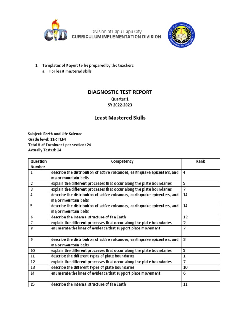 UPDATED Diagnostic Test Report - Earth and Life Science | Download Free ...