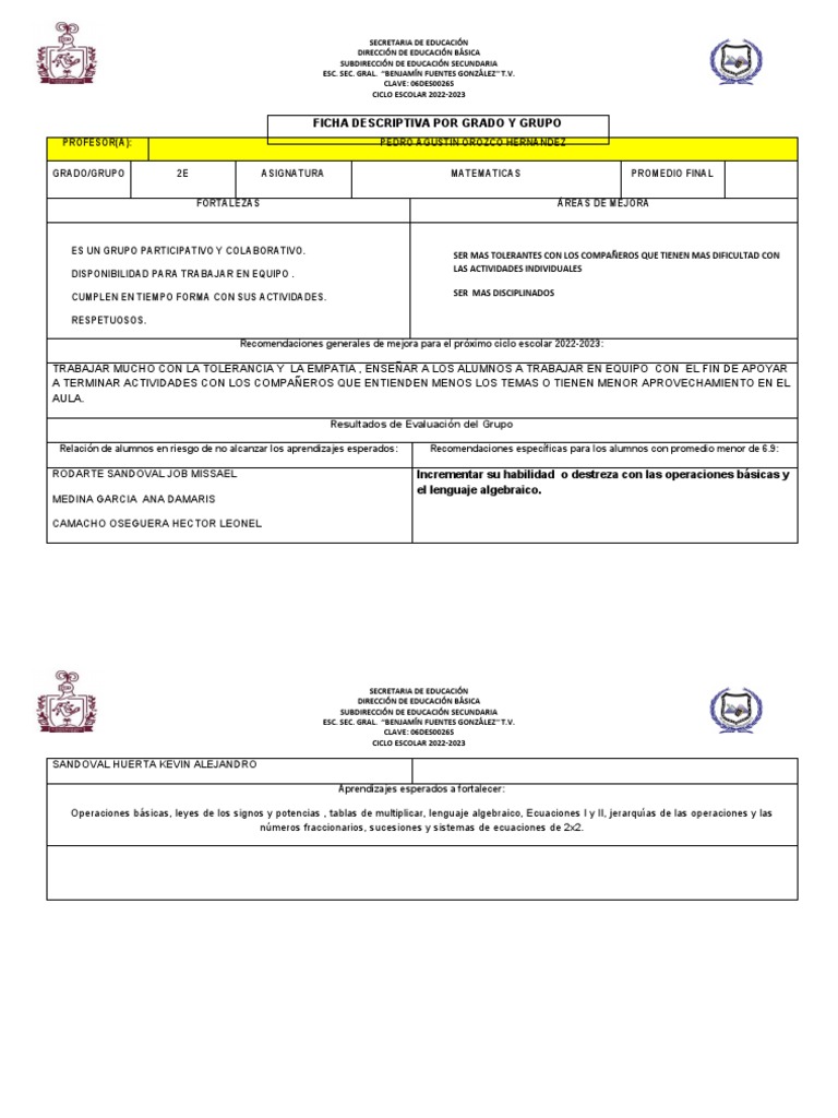 Fichas Descriptivas 2e Matematicas Mtro Pedro Orozco | PDF | Educación primaria | Salón de clases