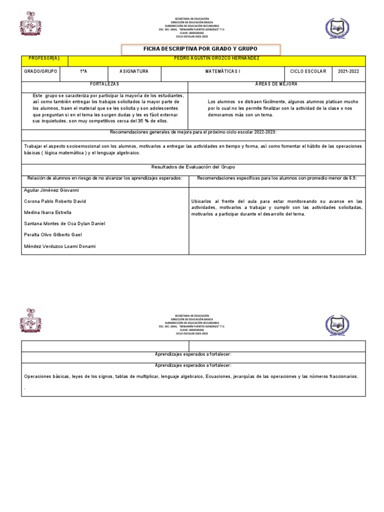 Fichas Descriptivas de 1a Matematicas Mtro Pedro Orozco | PDF | Educación primaria | Salón de clases