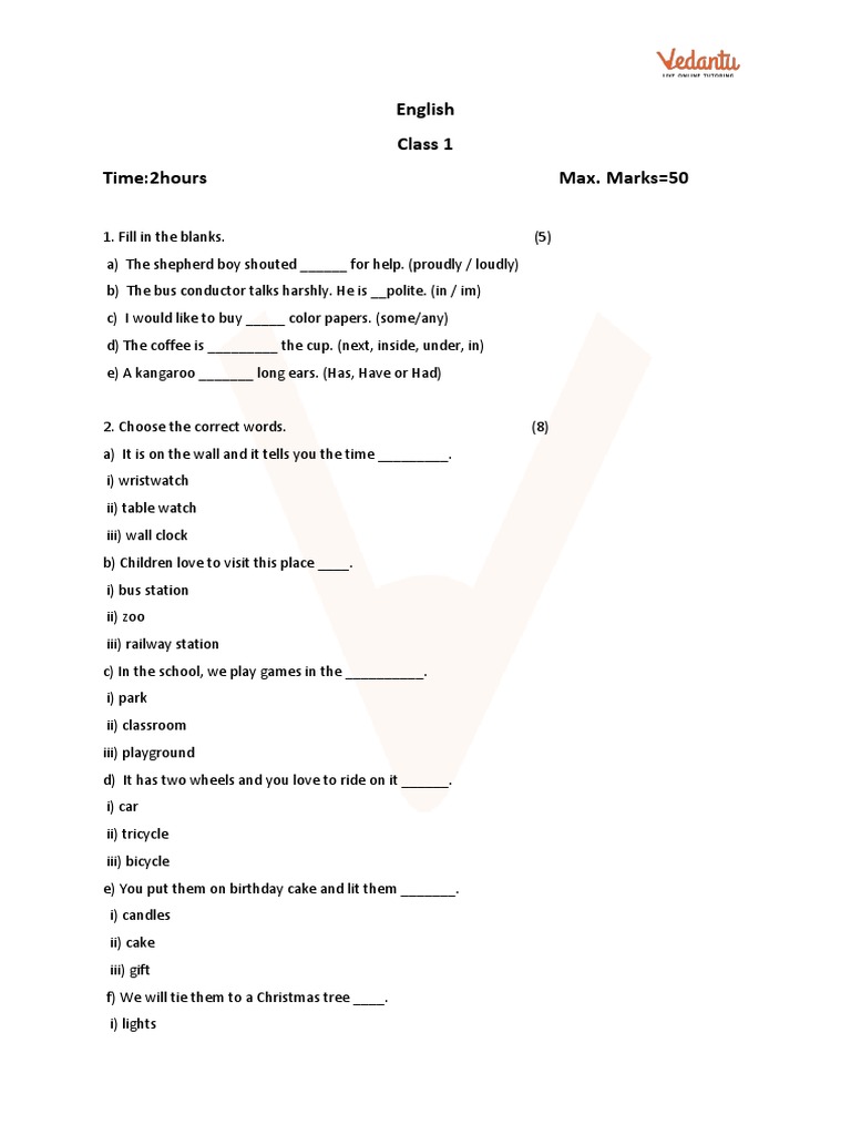 CBSE Sample Papers For Class 1 English With Solutions - Mock Paper 2 | PDF