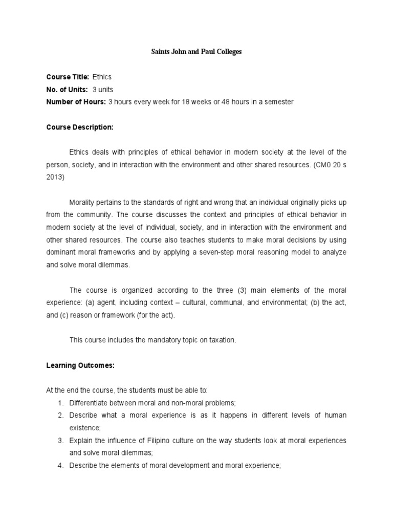 Ethics Course Syllabus | PDF | Morality | Behavior