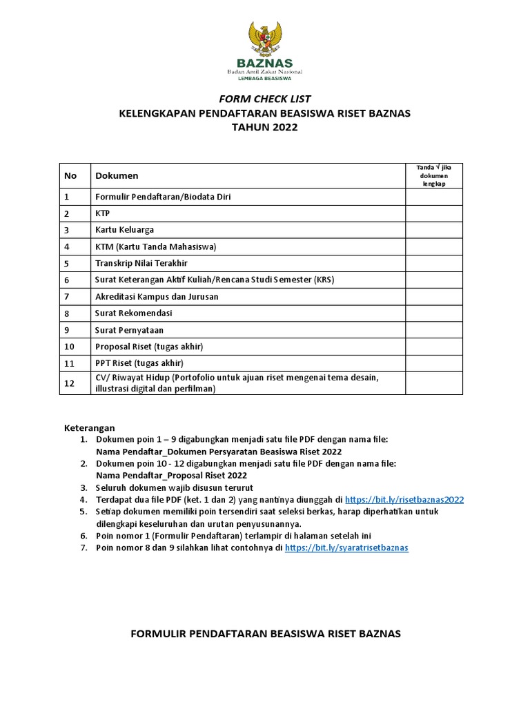 Formulir Pendaftaran Beasiswa Riset BAZNAS | PDF Formulir Pendaftaran Beasiswa Riset BAZNAS | PDF