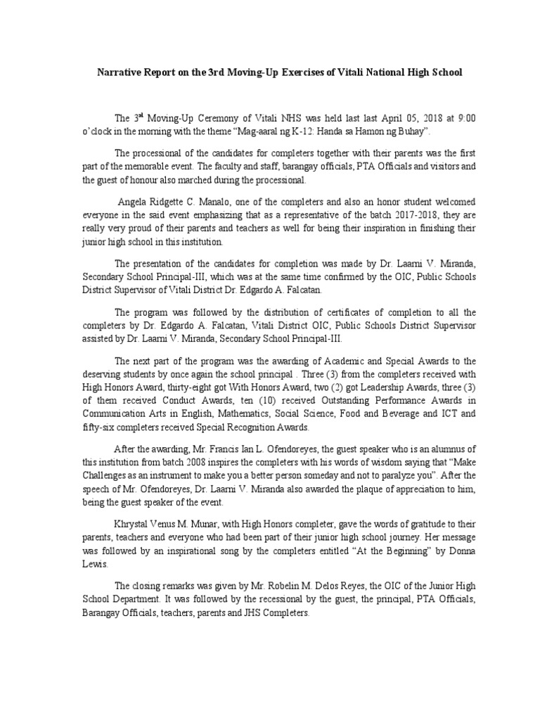 3rd Moving Up Narrative Report | PDF | Social Science | Self-Improvement