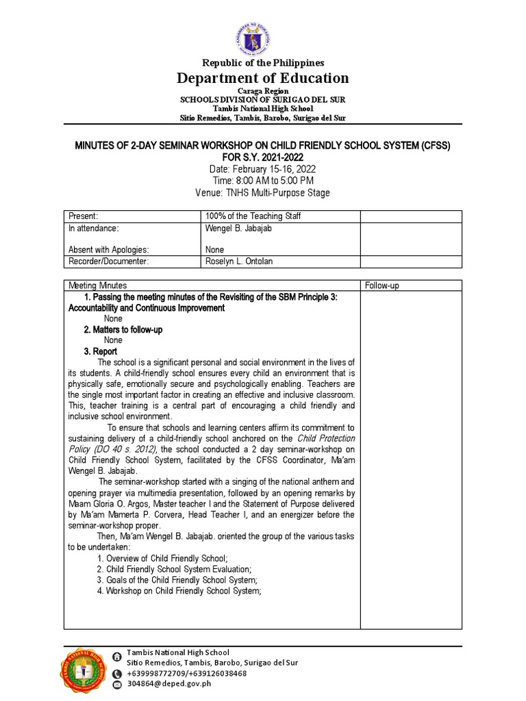 Minutes and Pictorials (CFSS) | PDF | Teachers | Cognition