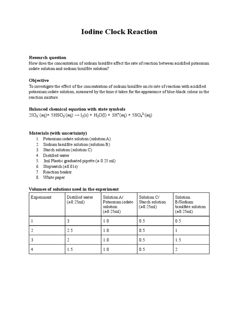 Lab Report Iodine Clock Reaction | PDF | Iodine | Chemistry
