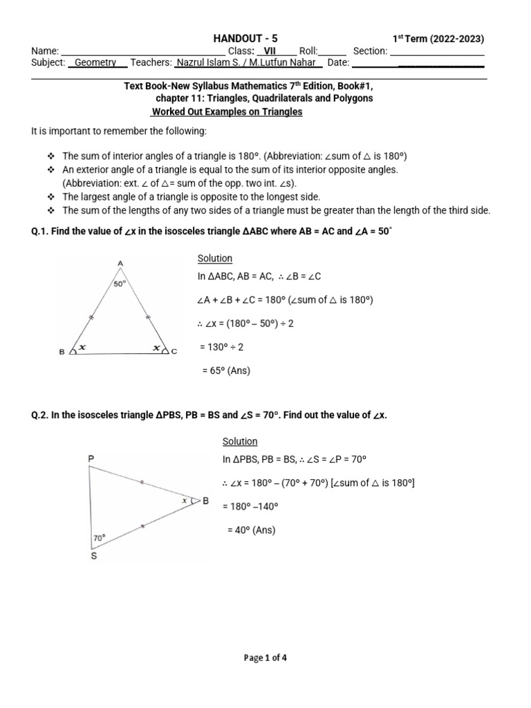 Class VII Geometry Handout 5 | PDF | Triangle | Angle