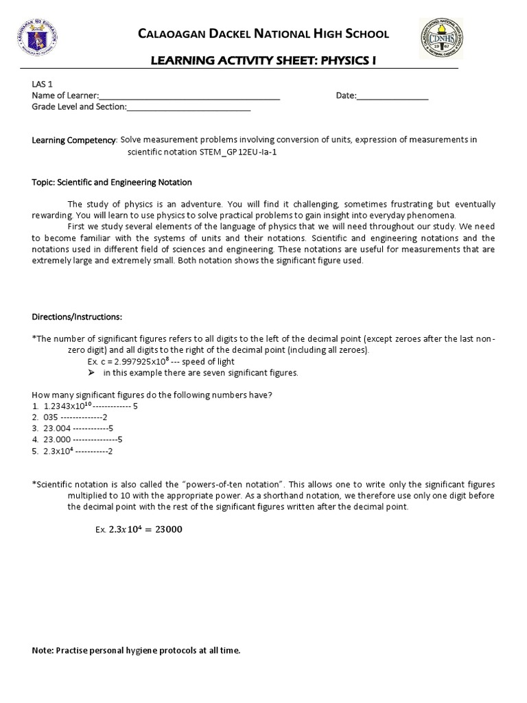 LAS 1 Physics 1 Scientific and Engineering Notation | PDF | Significant Figures | Decimal