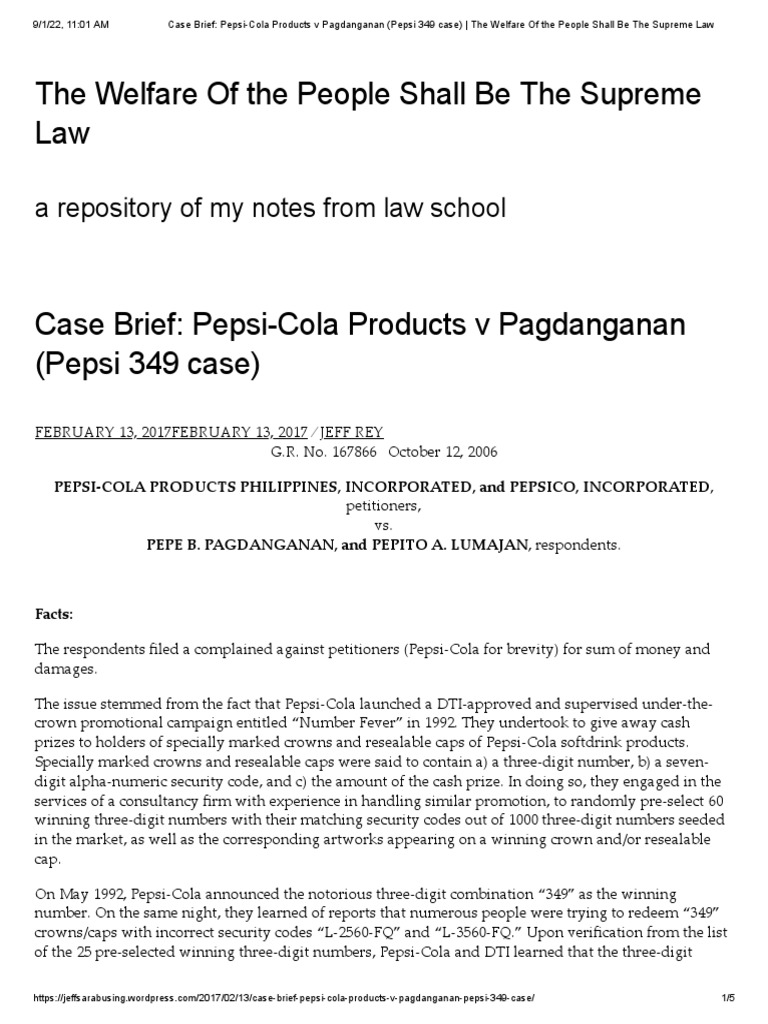Case Brief - Pepsi-Cola Products V Pagdanganan (Pepsi 349 Case) - The Welfare of The People ...