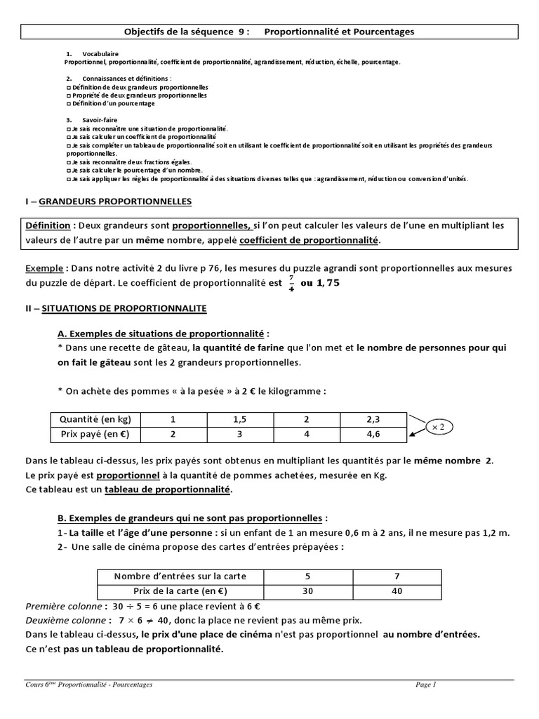 Cours de Proportionnalité en 6ème | PDF | Algèbre | Mathématiques ...