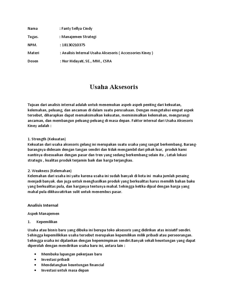 Analisis Internal Usaha Aksesoris Kiney | PDF | Bisnis