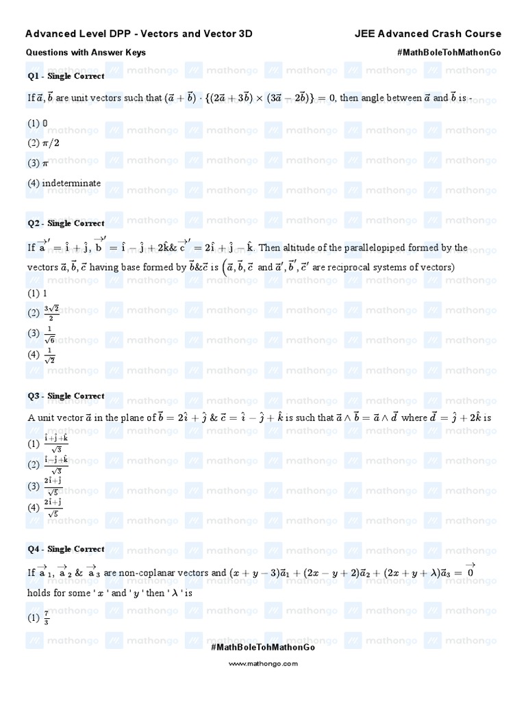 Advanced Level DPP Vectors and Vector 3d Question Mathongo | PDF | Plane (Geometry) | Euclidean ...