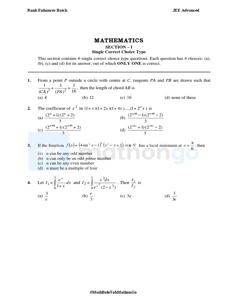 JEE Advanced Rank Enhancer Batch Paper 1 Questions Mathongo | PDF ...