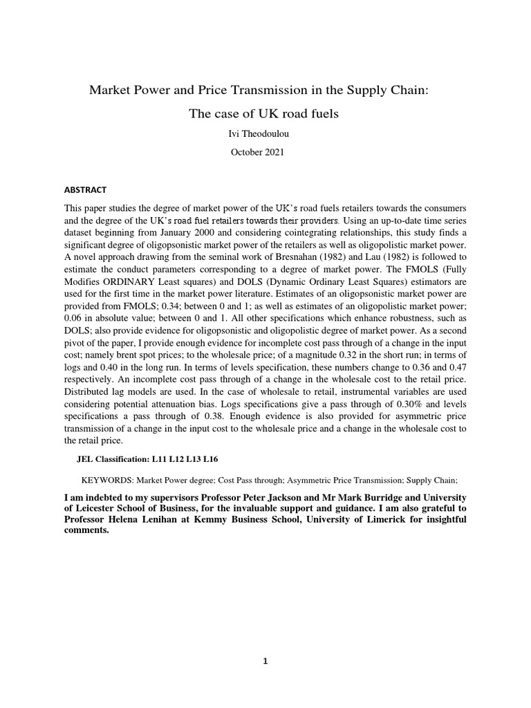 Market Power and Price Transmission in The Supply Chain Working Paper ...