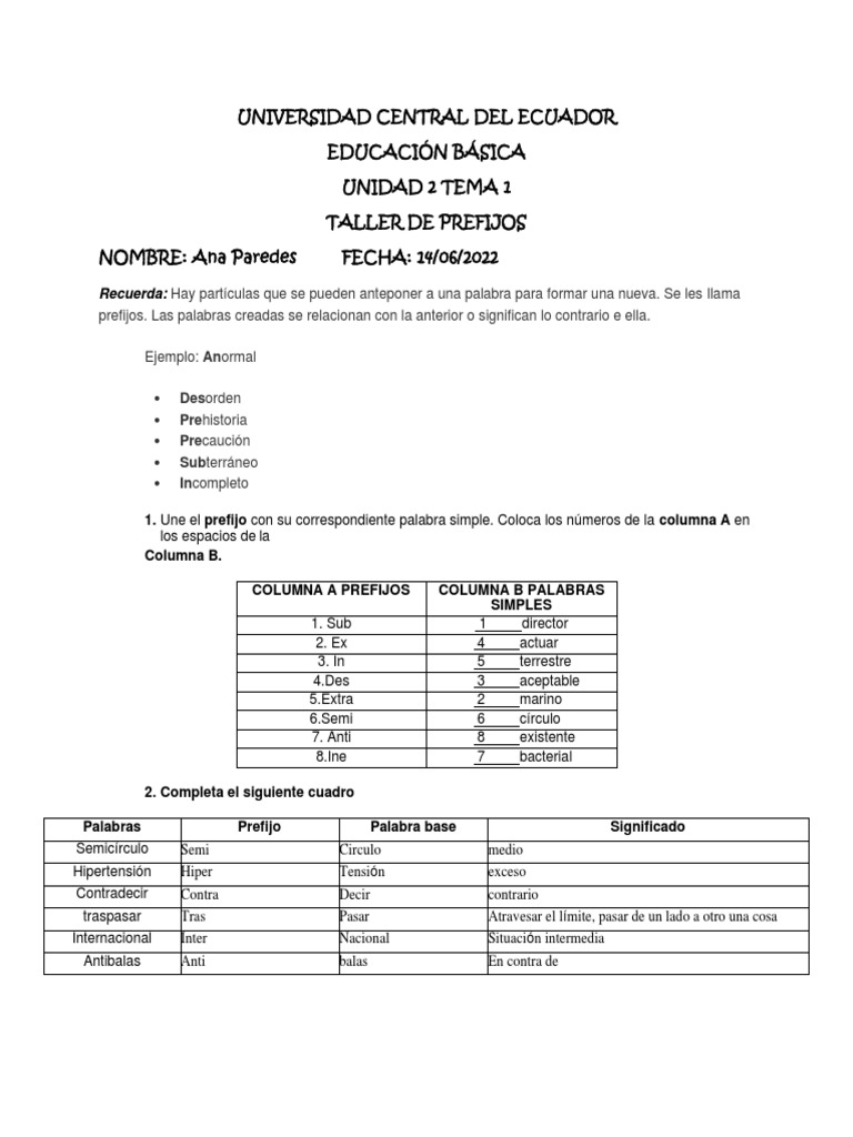 Taller de Prefijos para Estudiantes | PDF
