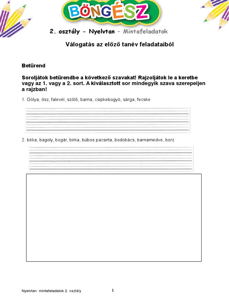 Mintafeladatok 2. Osztály - Nyelvtan | PDF