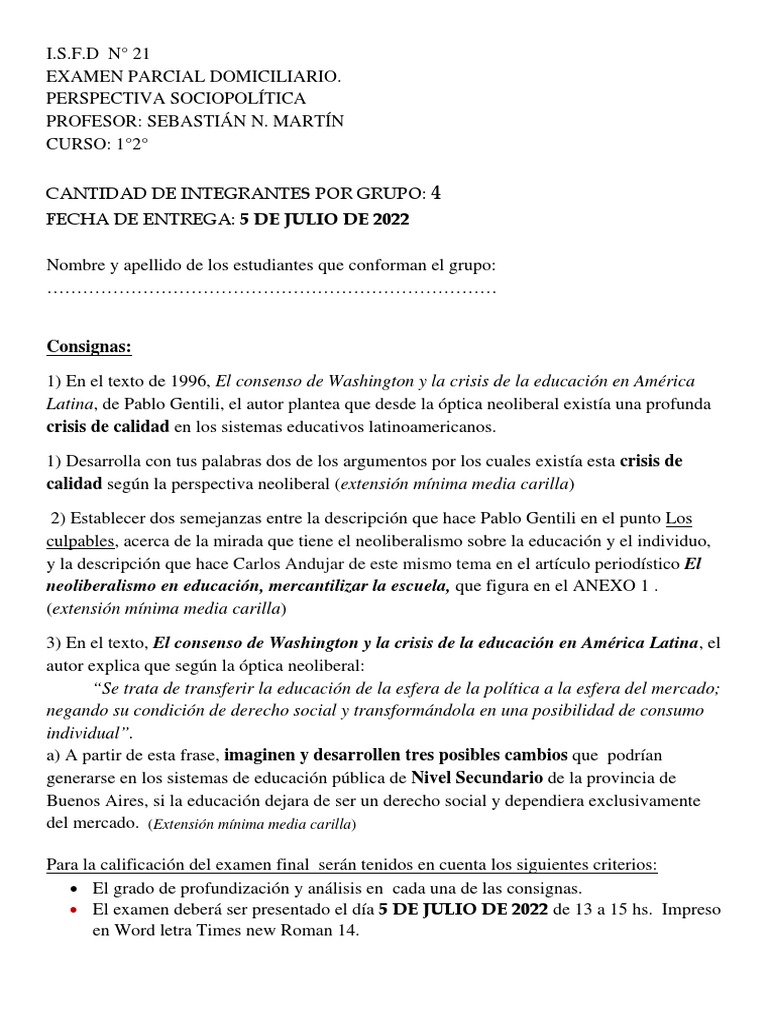 Examen Parcial Domiciliario 1°2° SOCIOPOLITICA ISFD N°21 | PDF ...